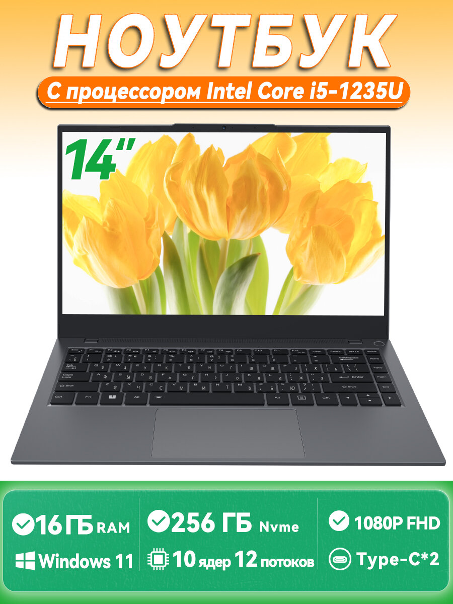 Ноутбук 14", Intel Core i5-1235U, RAM 16 ГБ, SSD 256 ГБ, Intel HD Graphics, Windows 11 Pro（Русский расклад）