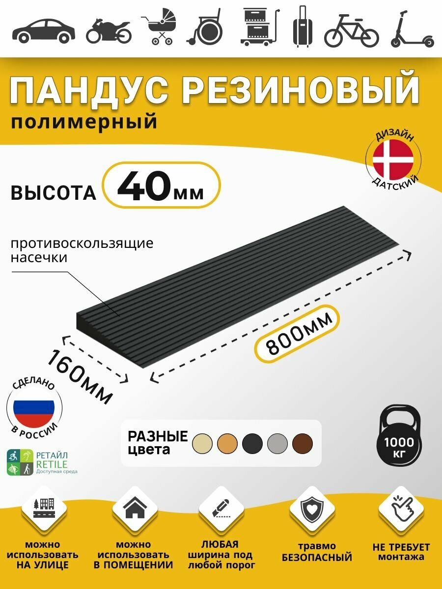 Пандус резиновый рубеж для порогов высотой 4 см (40х800х160 мм), чёрный, для колясок, склада и автомобилей