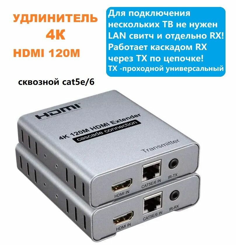 HDMI удлинитель 4К по витой паре 120м/ каскадный