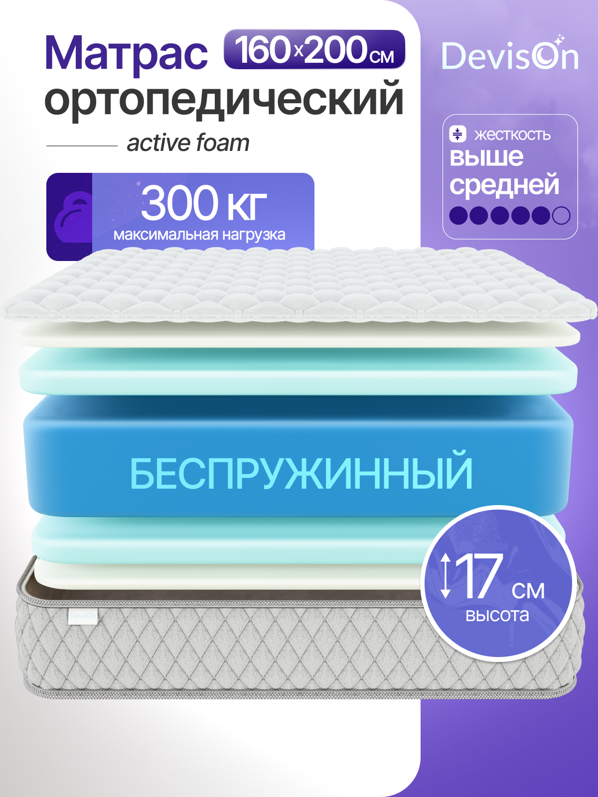 Матрас 160х200 ортопедический беспружинный Devison Active Foam высота 17 см