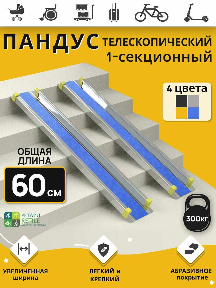 Пандус 60 см 1-секционный Антислип, синий (рабочая длина 50 см + 2 опор. площадки по 5 см)