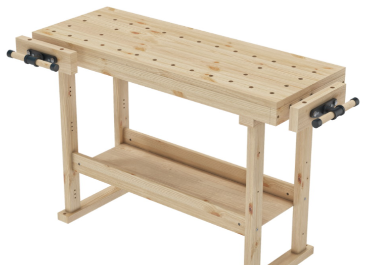 Школьный верстак столярный деревянный, с двумя тисками, регулируемой полкой