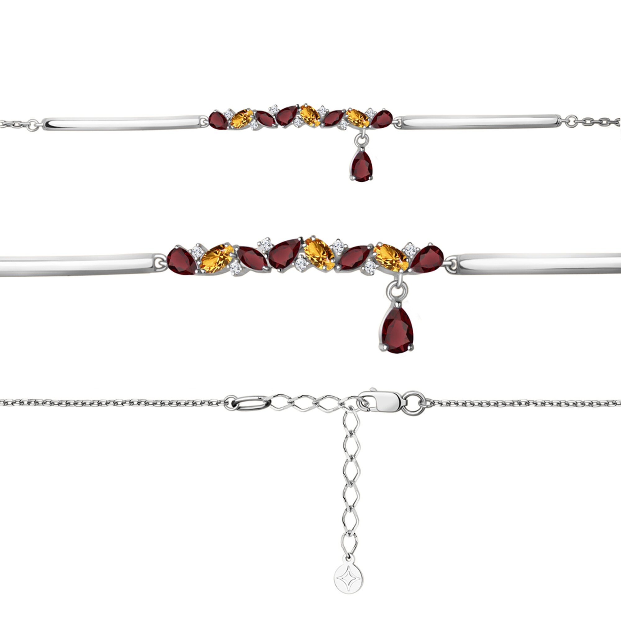 Браслет, серебро, 925 проба, родирование, цитрин, фианит, гранат