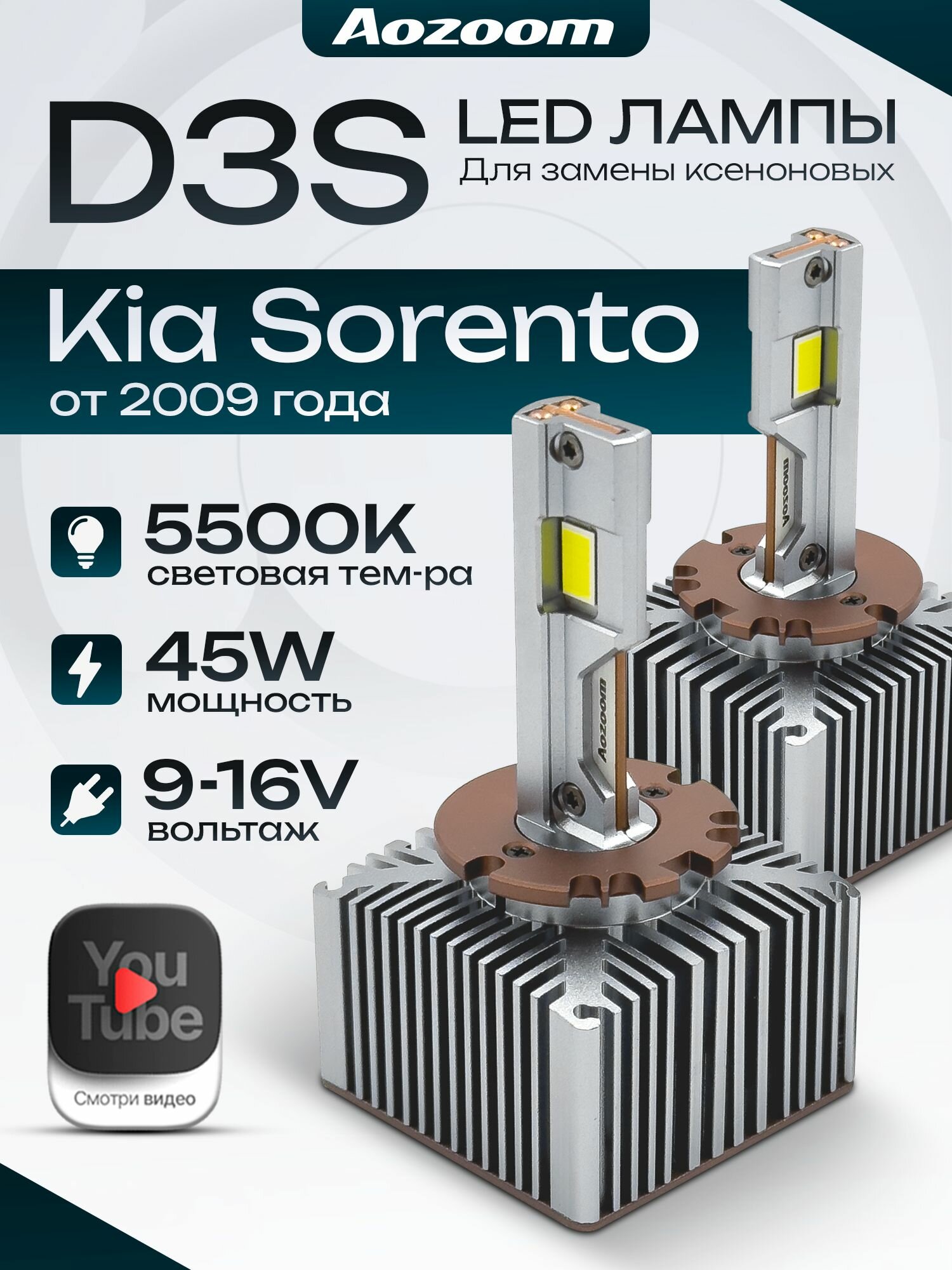 Лампы светодиодные Aozoom D3S на Kia Sorento от 2009 / Лед лампы Аозум Д3С для Киа Соренто