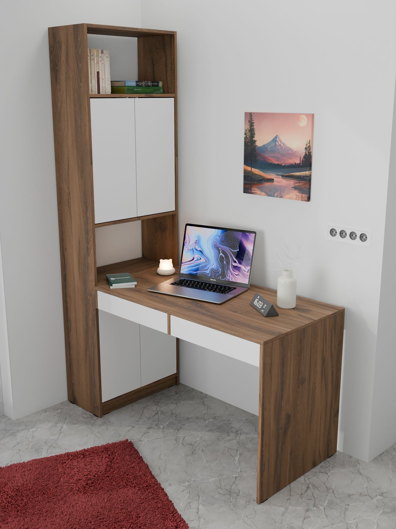 Изумлит Стол-стеллаж с дверьми письменный угловой, стеллаж слева 200х140х59.2 см, дуб крафт табачный - белый