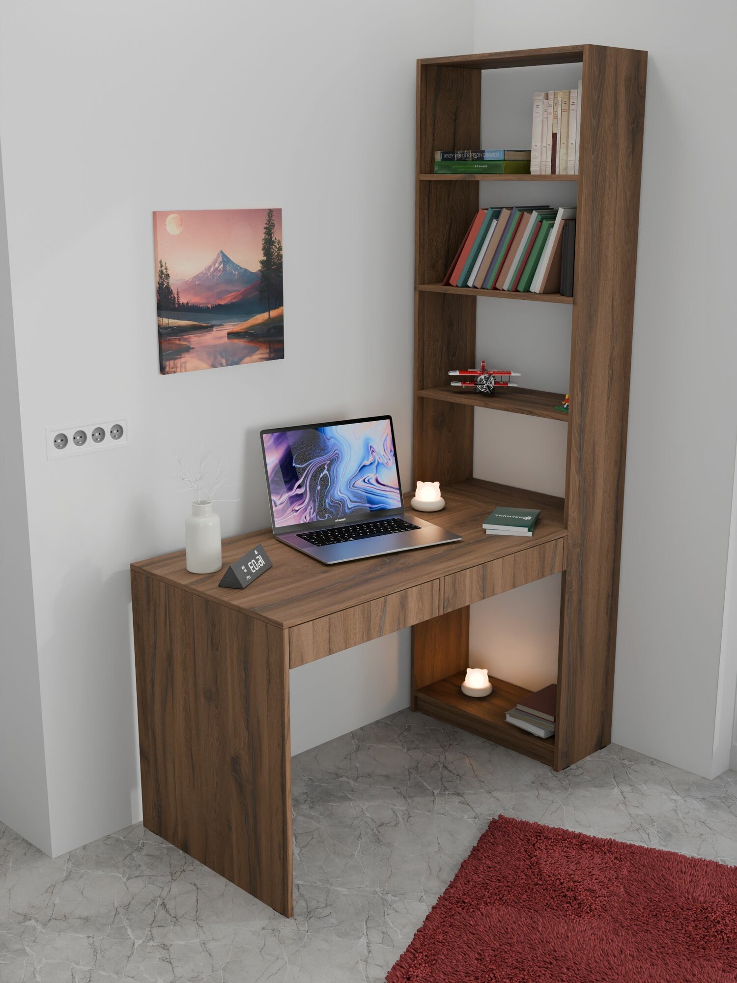 Изумлит Стол-стеллаж письменный угловой, стеллаж справа 200х130х59.2 см, дуб крафт табачный