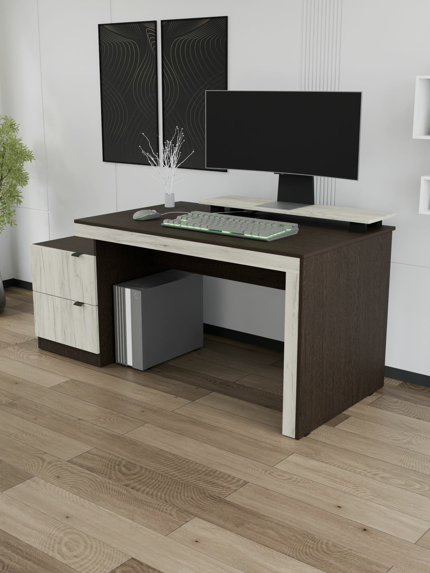 Изумлит Стол компьютерный для офиса и дома Вертикаль Компакт Лайт 165х73х74.5 см, тумба слева, венге - дуб крафт белый