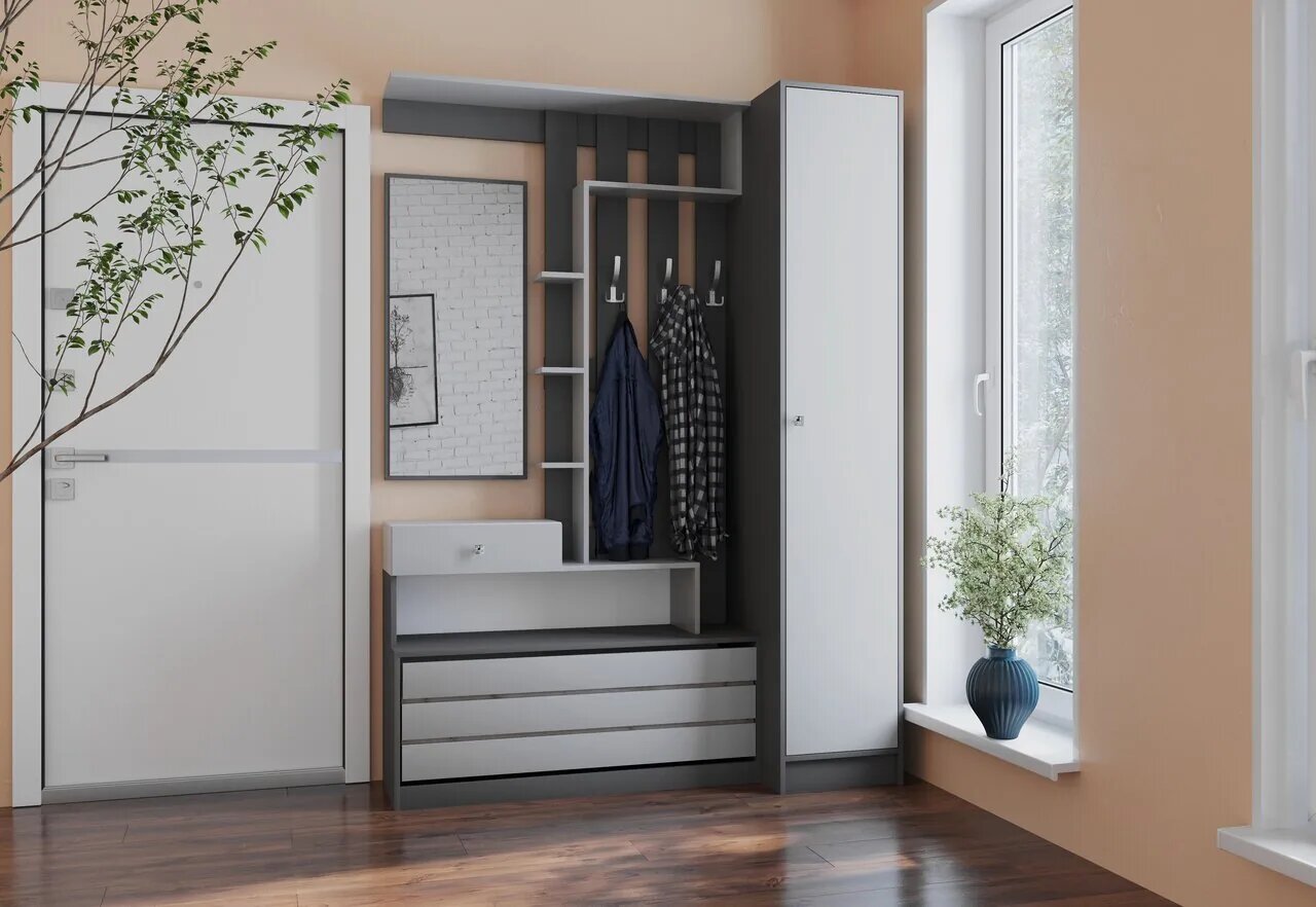 Прихожая «Ямайка» с зеркалом, ЛДСП (Графит серый/Камень серый) 150х50х210