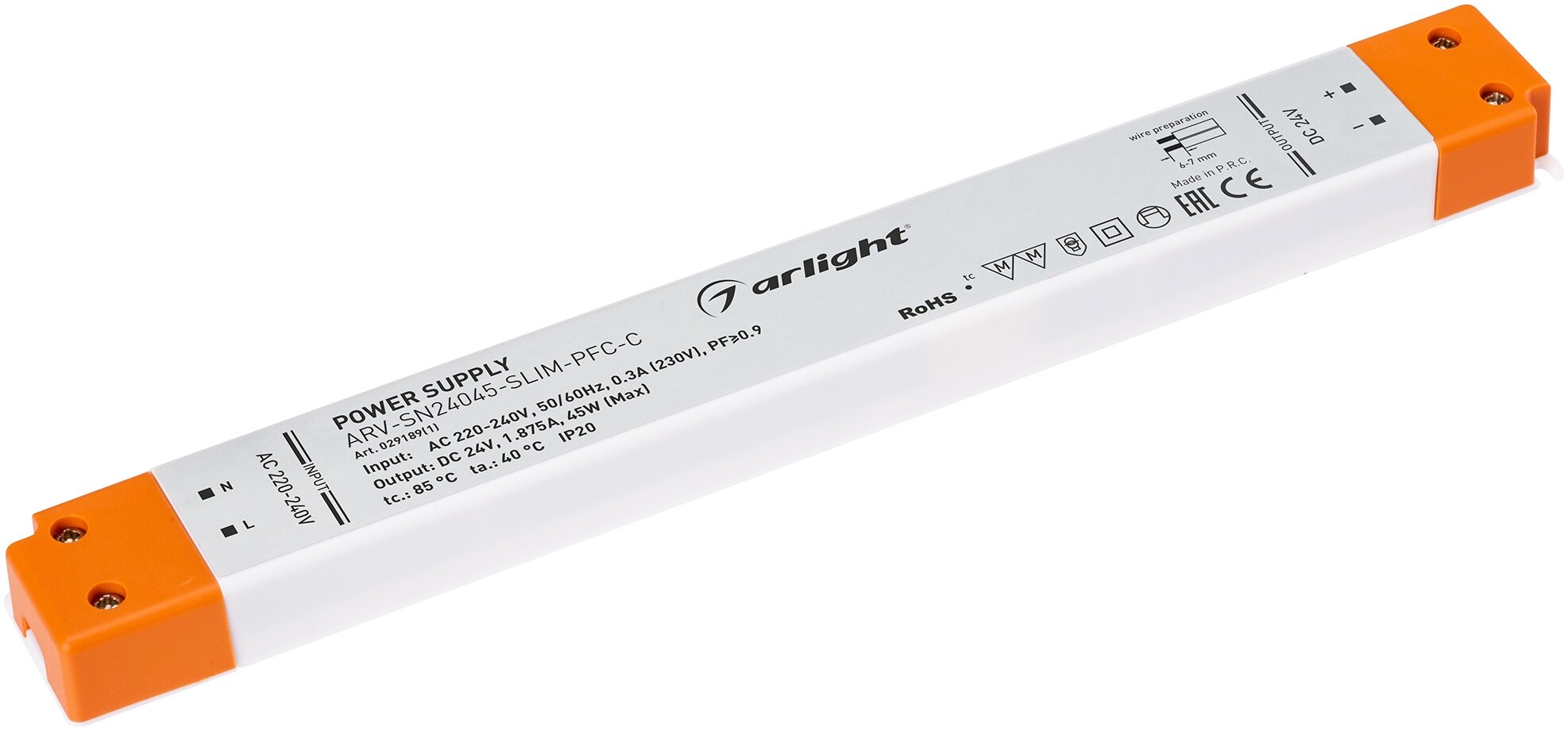Блок питания ARV-SN24045-SLIM-PFC-C (24V, 1.87A, 45W) (Arlight, IP20 Пластик, 3 года) 029189(1)
