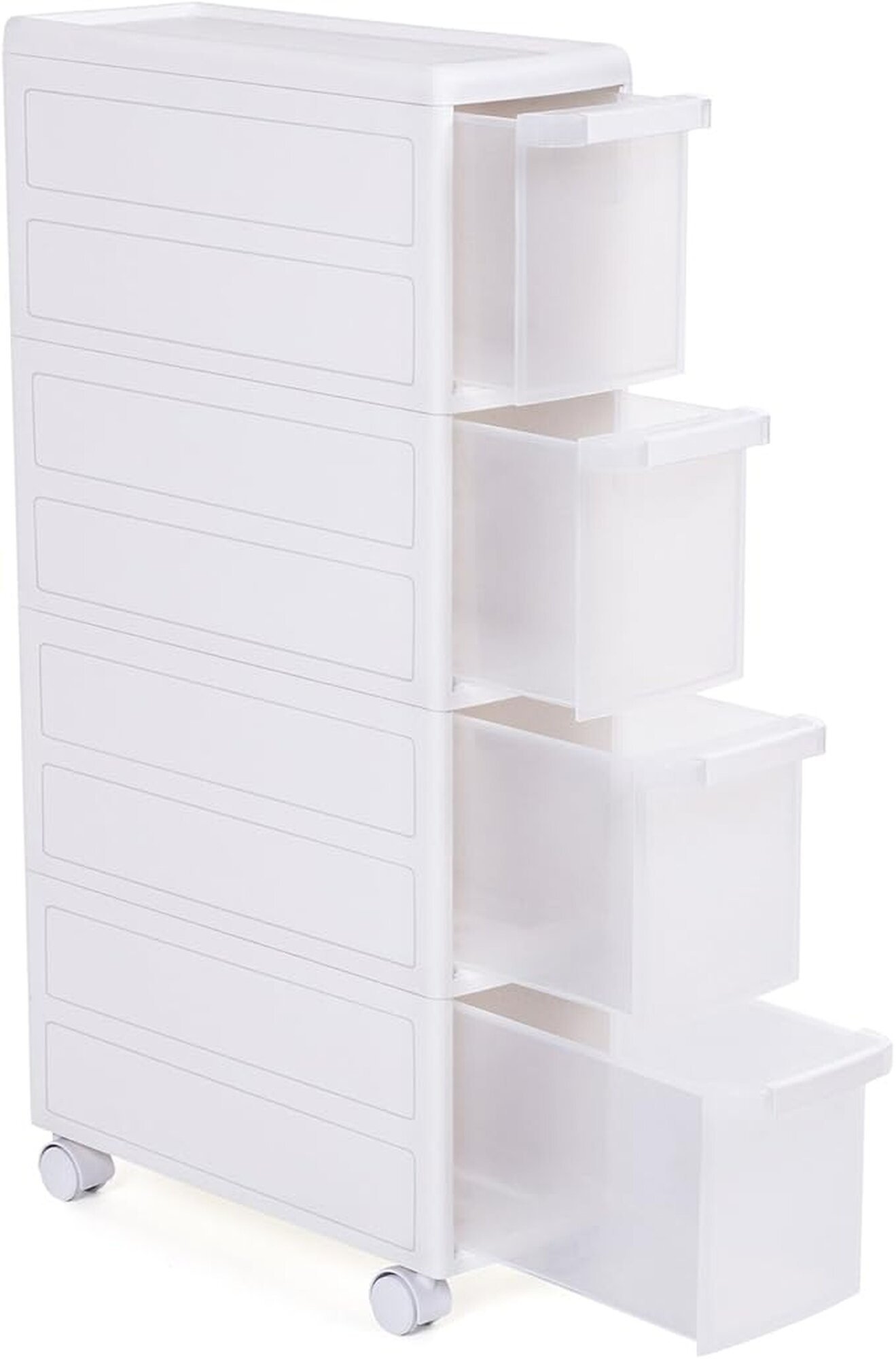 Выдвижная полка на 4 ящика Songmics с колесами, пластиковая, белая, 18 x 84,5 x 46 см-KFR05W