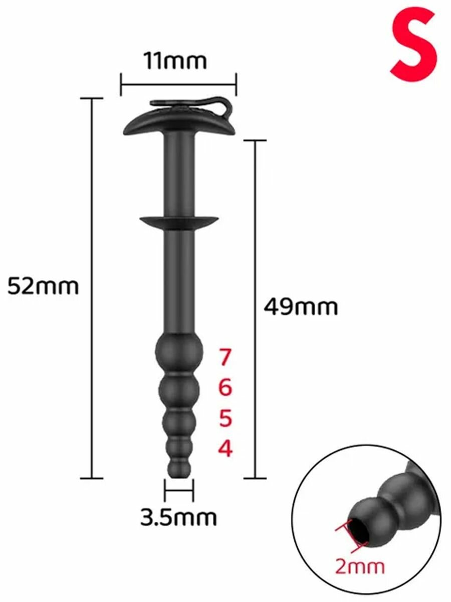 Черный силиконовый гибкий стимулятор уретры со сквозным отверстием и заглушкой, 5.2см