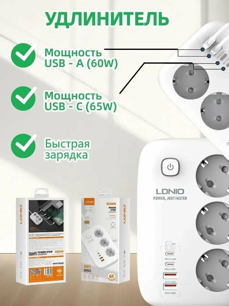 Удлинитель сетевой 2м белый с выключателем, 2 USB - C 65W, 2 USB - A 60W, 3 универсальные гнезда, огнеупорный материал