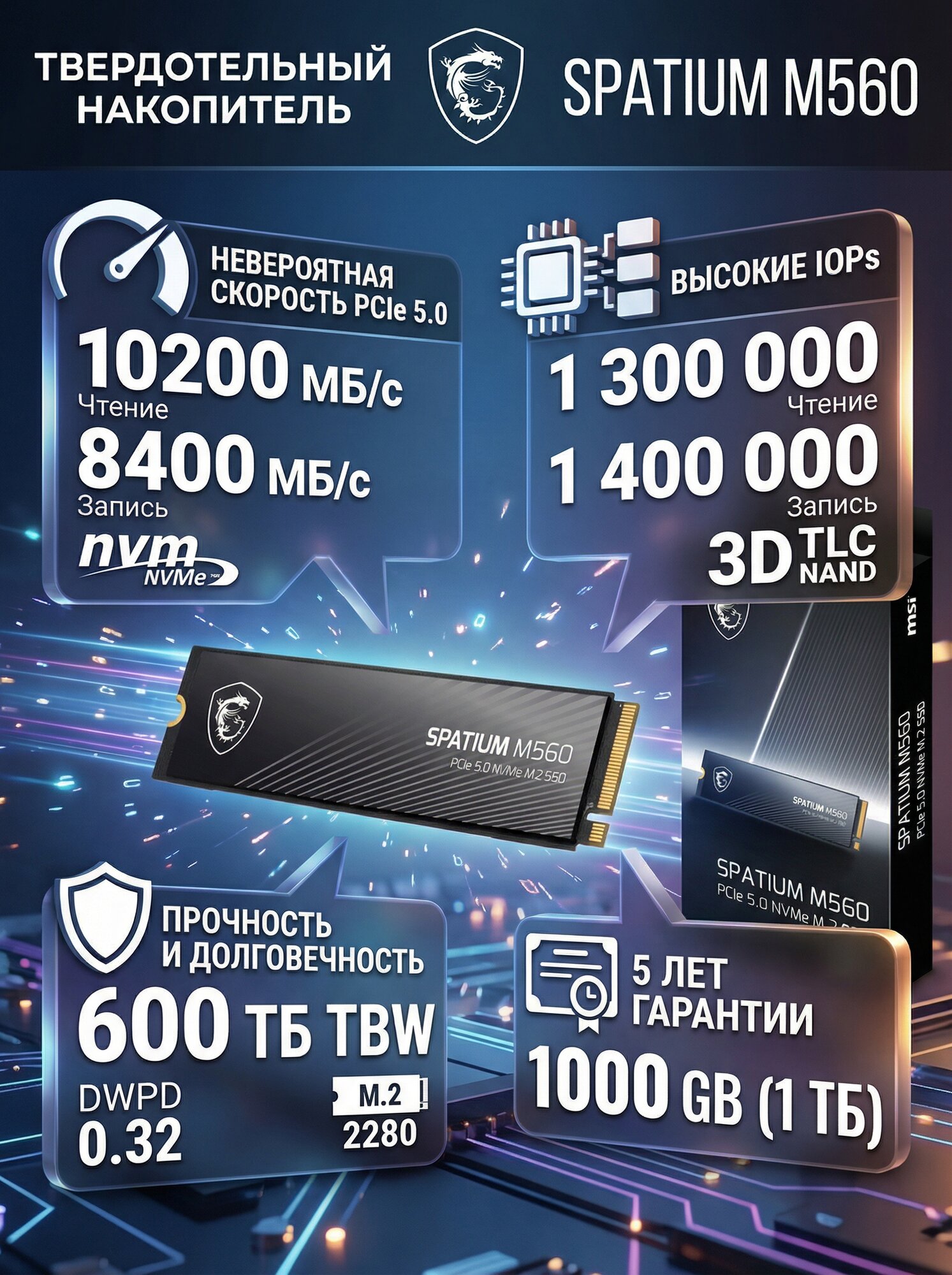 Твердотельный накопитель MSI SSD SPATIUM M560 S78-440L0F0-P83, 1000GB, M.2(22x80mm), NVMe, PCIe 5.0 x4, 3D TLC, R/W 10200/8400, IOPs 1 300 000/1 400 000, TBW 600, DWPD 0.32, гарантия 5 ЛЕТ
