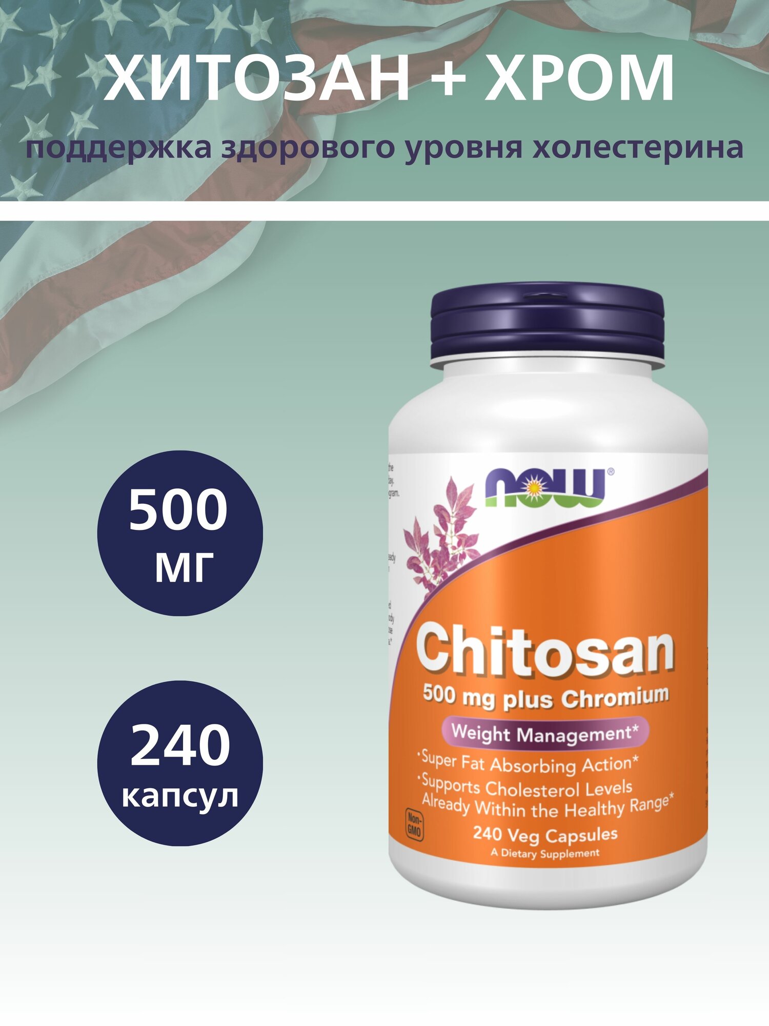Хитозан 500 мг + Хром, Chitosan 500 mg plus Chromium - 240 капсул