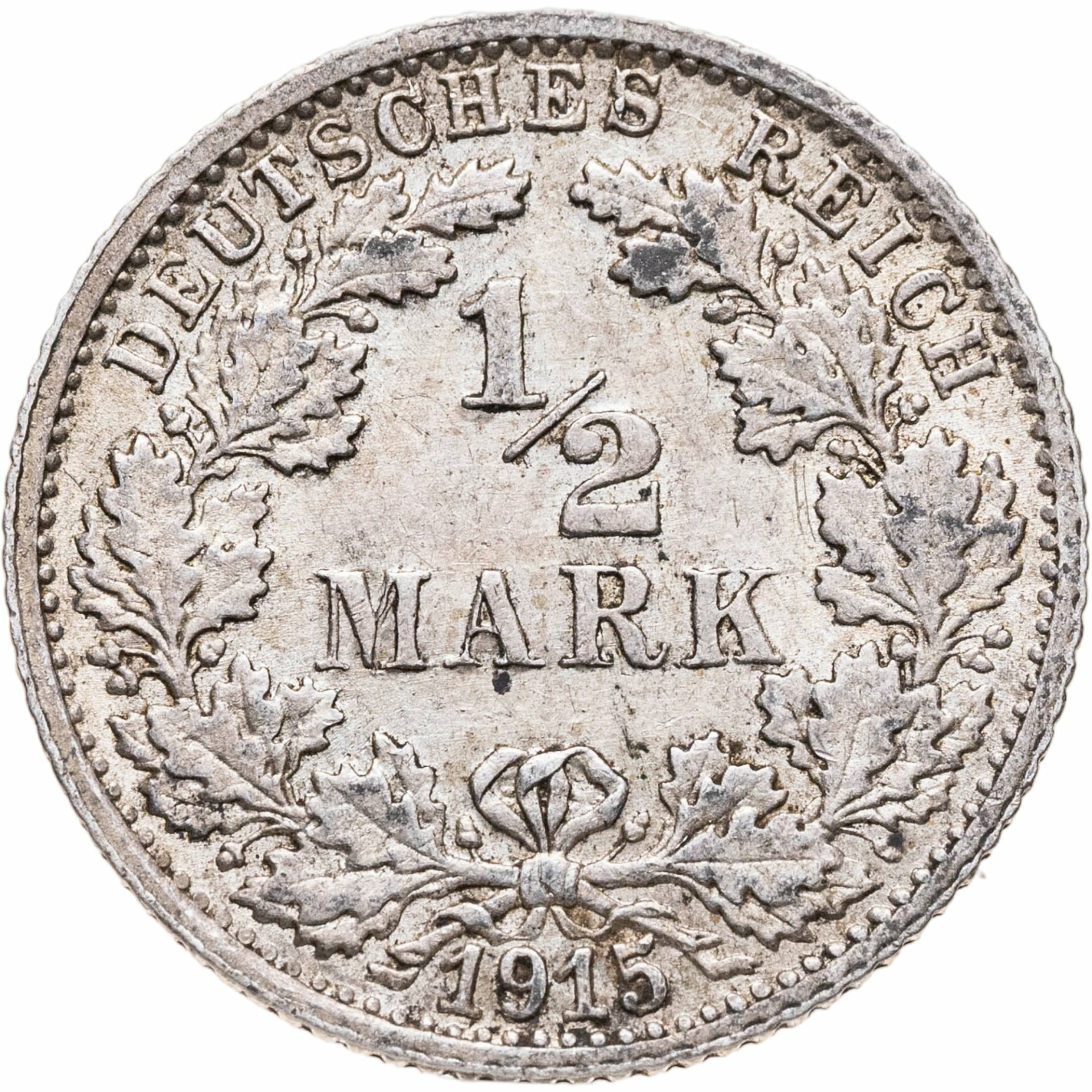 Германия 1/2 марки mark 1915, знак монетного двора: "F" - Штутгарт, Серебро 900, в сохранности AU