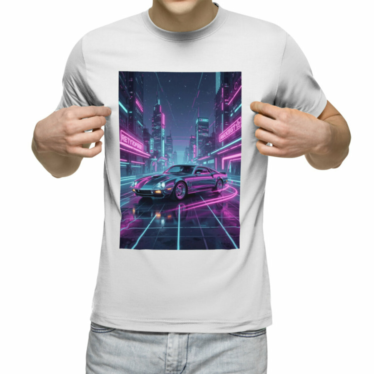 Мужская футболка «Неон и авто в стиле киберпанк Cyberpunk» (белый, S)