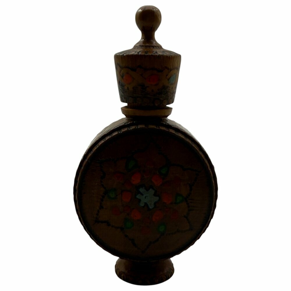 Флакон для парфюма (духов, масла) "Роза", 9 см, дерево, пирография, роспись, 1970-1990 гг, Болгария
