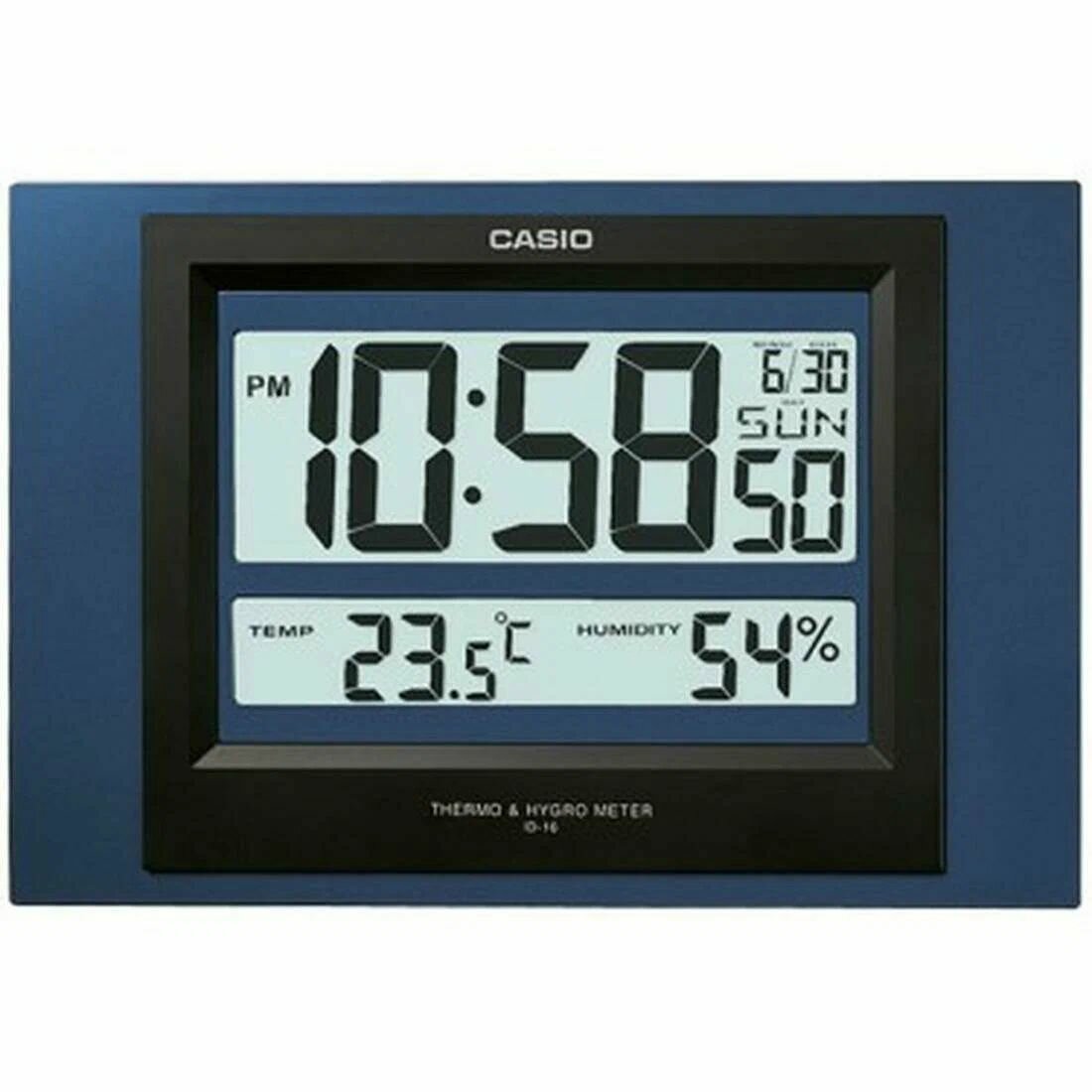 Настенные часы Casio "ID-16S-2D", подсветка, термометр, арабские цифры, синие