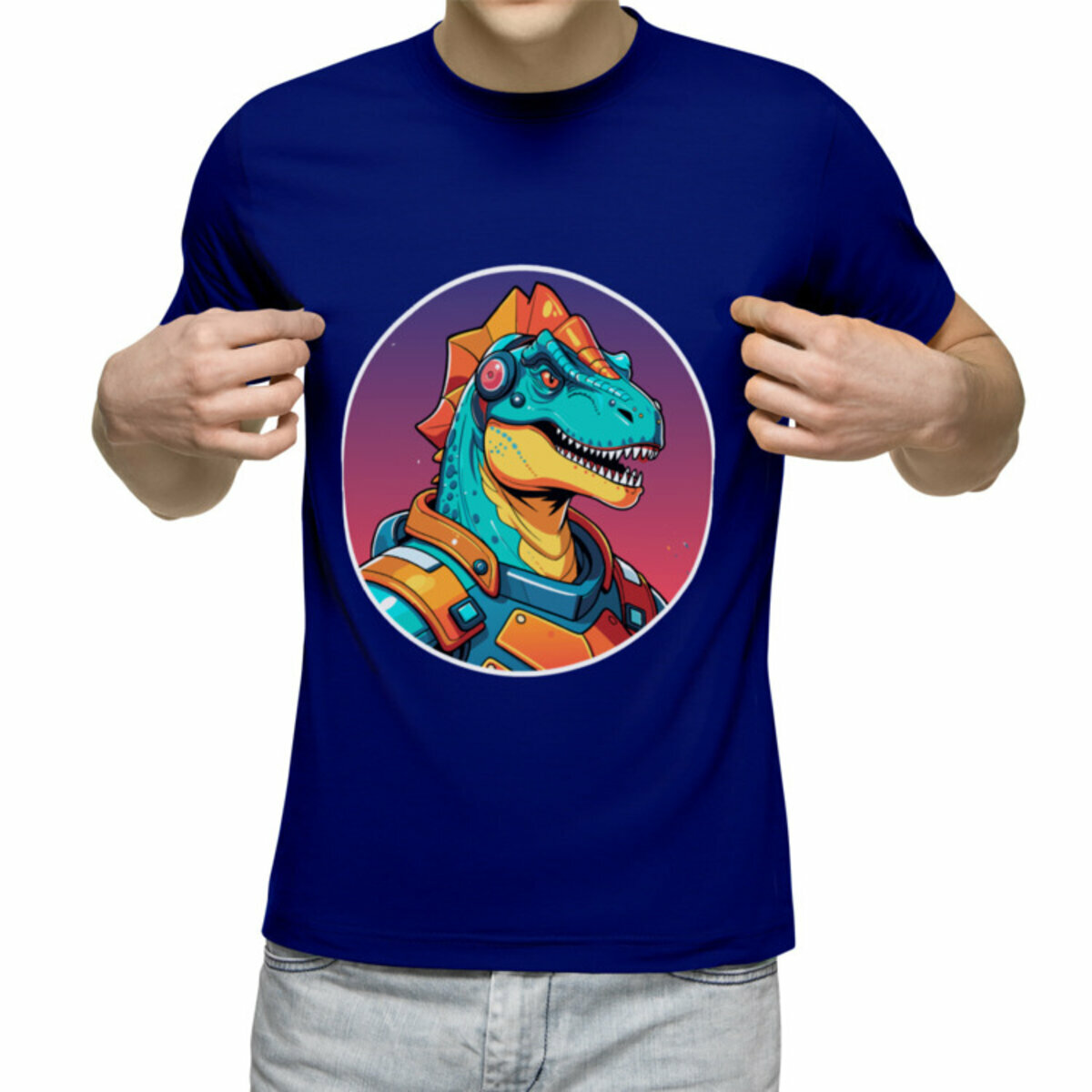 Мужская футболка «Динозавр-воин» (синий, 2XL)
