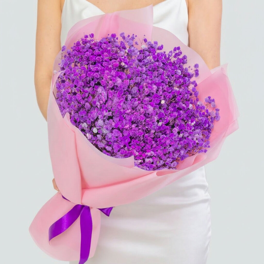 Букет Мегацвет24 "Сиреневые Гипсофилы", 15 цветов, стабилизированные, дизайнерская упаковка