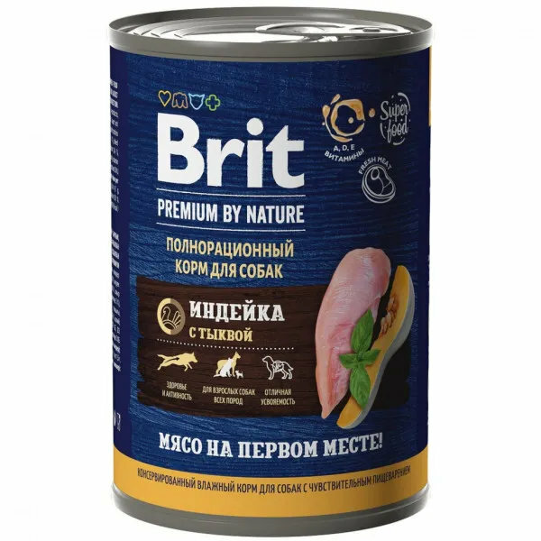 BRIT PREMIUM BY NATURE, Консервы с индейкой и тыквой для взрослых собак всех пород, 410г