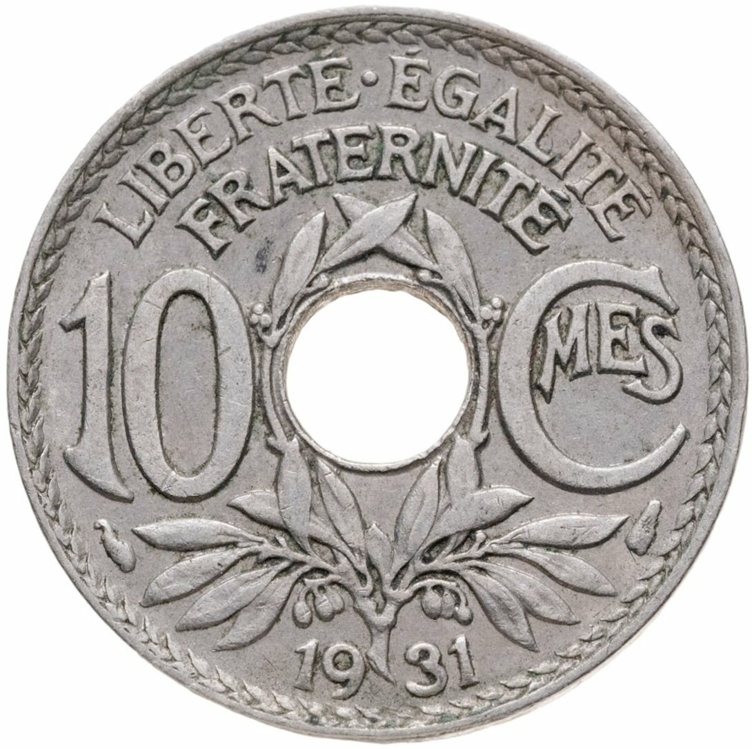 Франция 10 сантимов centimes 1931, Мельхиор медь-никель, в сохранности XF