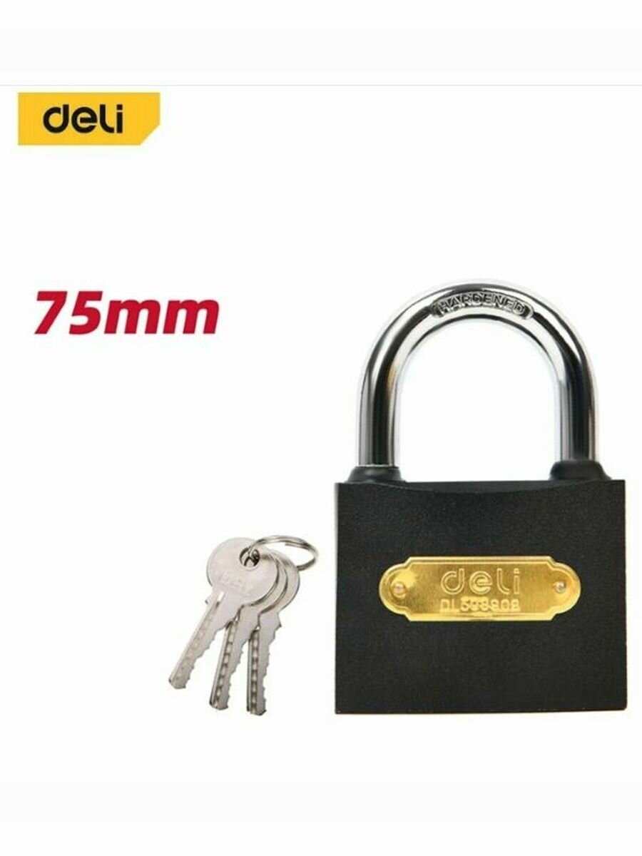 Навесной замок DELI DL508909 стальной, 75мм, автомат, личинка латунь, 3 ключа, защита от влаги