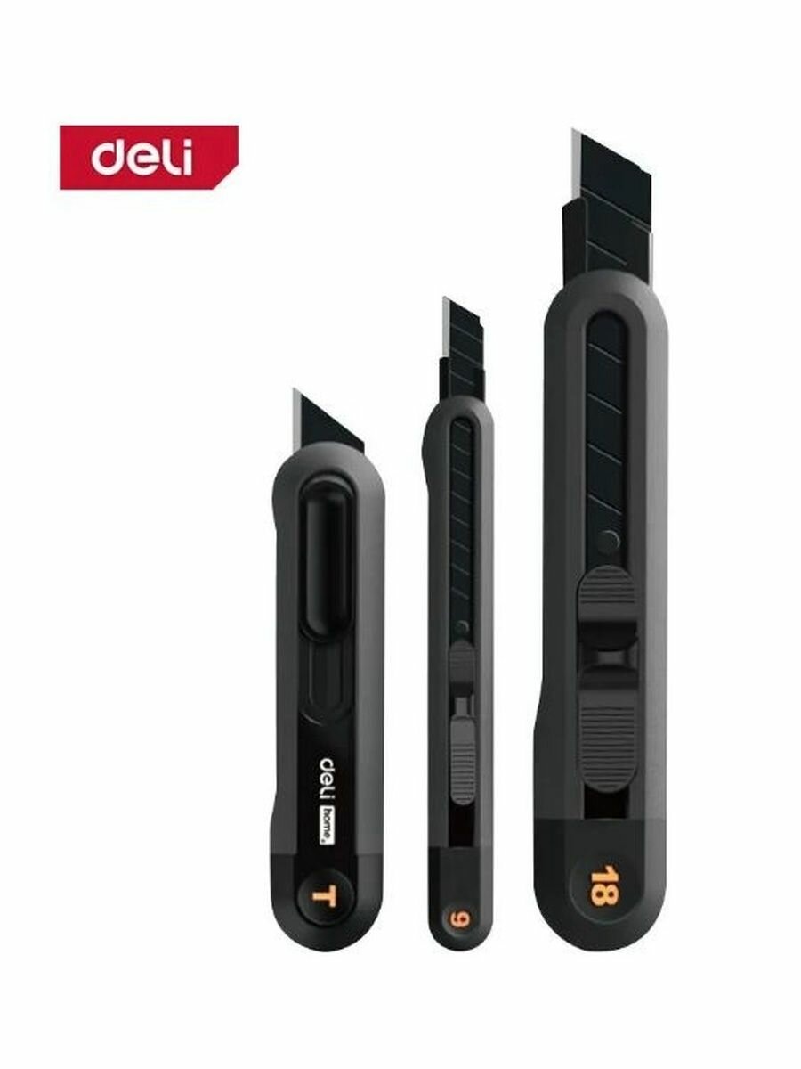 Набор технических ножей DELI HT4003 "Home Series Black" (ножи: 9мм+18мм+Т-образный), эксклюзивный дизайн, корпус из высококачественного софттач пластика.