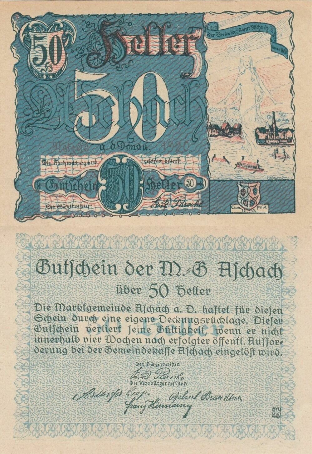 Австрия 50 геллеров 1920 Ашах-ан-дер-Донау aUNC