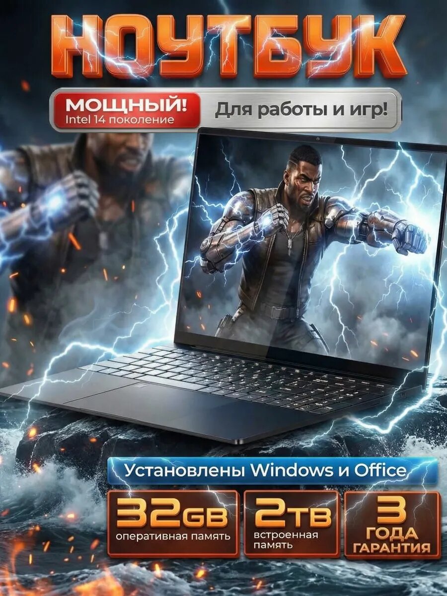 Ноутбук игровой 2026 N-Series, RAM 32GB, SSD 2048GB, IPS + Windows