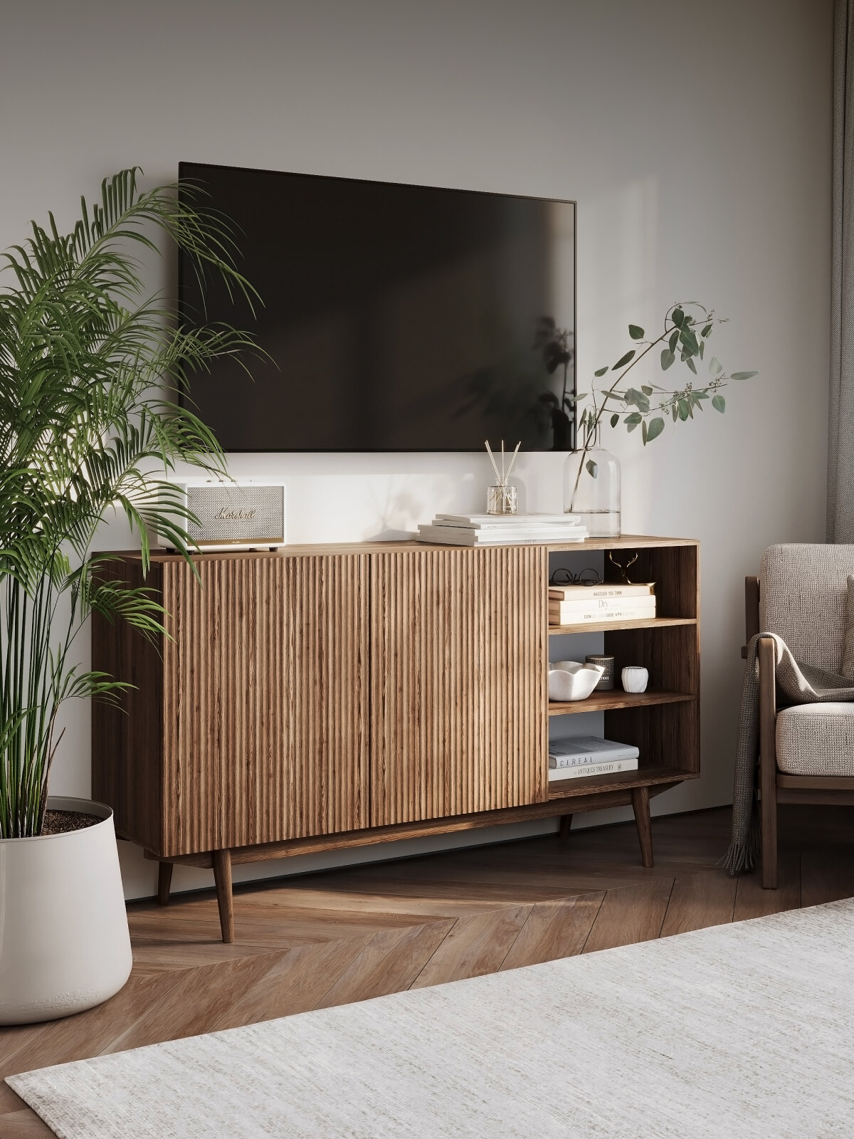 Комод для одежды Puzzlemebel Келли, тумба с полками и открытой нишей в реечном дизайне, длина 150 см, коричневый