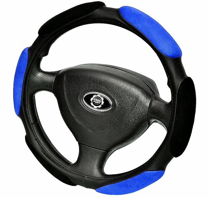 Оплетка на руль для автомобиля Geely Emgrand EC7, MK, Emgrand X7, GC6, CK / Джили МК Кросс и др, в черном цвете с синими встаками, Экокожа/Замша