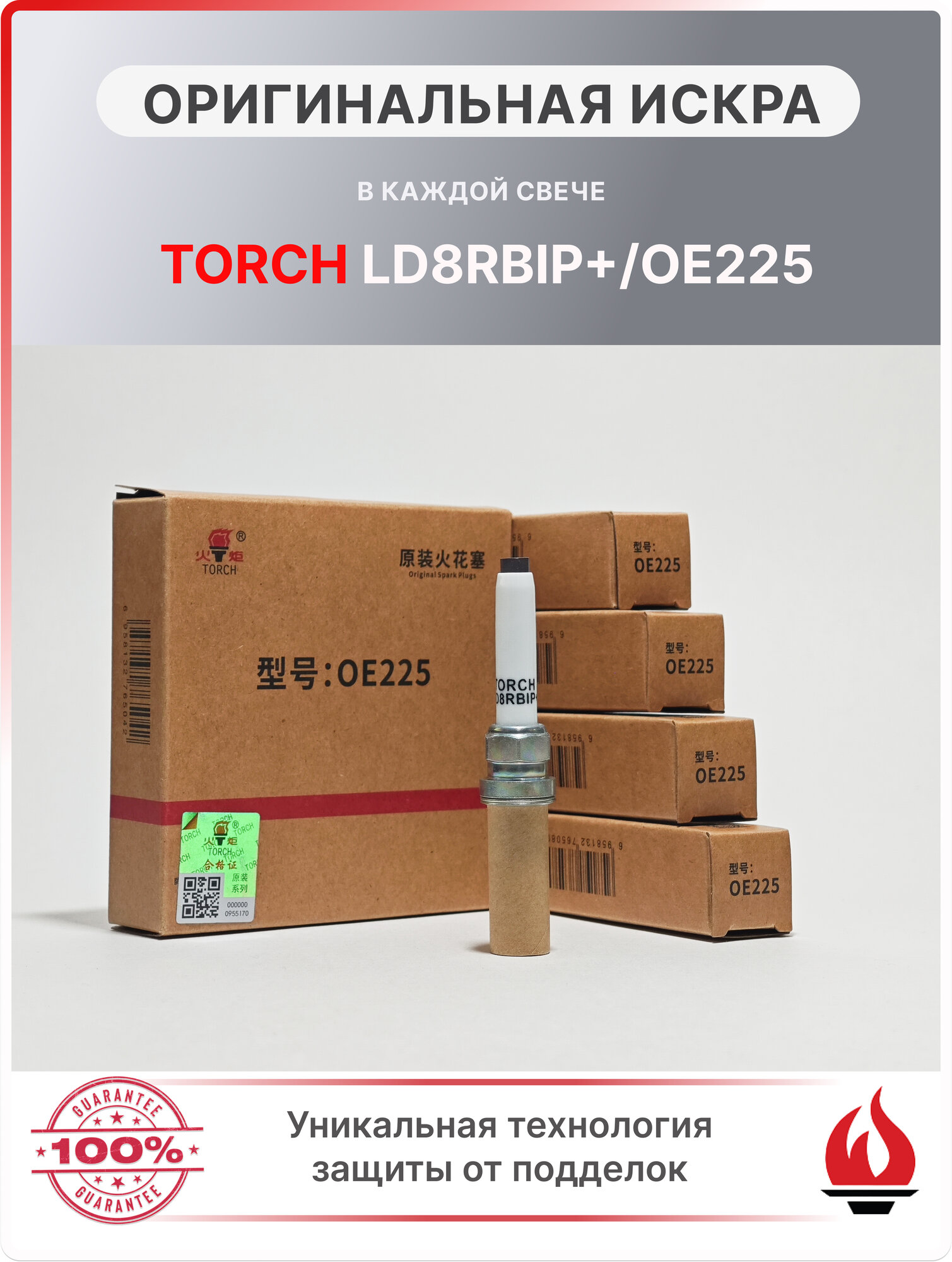 Иридиевые свечи зажигания Torch LD8RBIP+/OE225 для Geely Atlas, Cityray, Coolray. Оригинал.