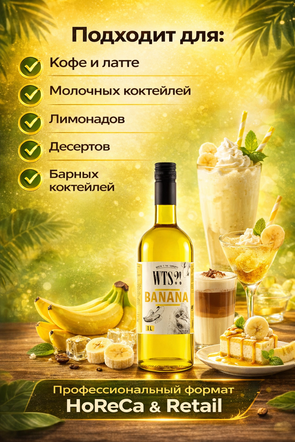 Сироп WTS! Банан для кофе, коктейлей, десертов, лимонада и мороженого 1 л — фото 1