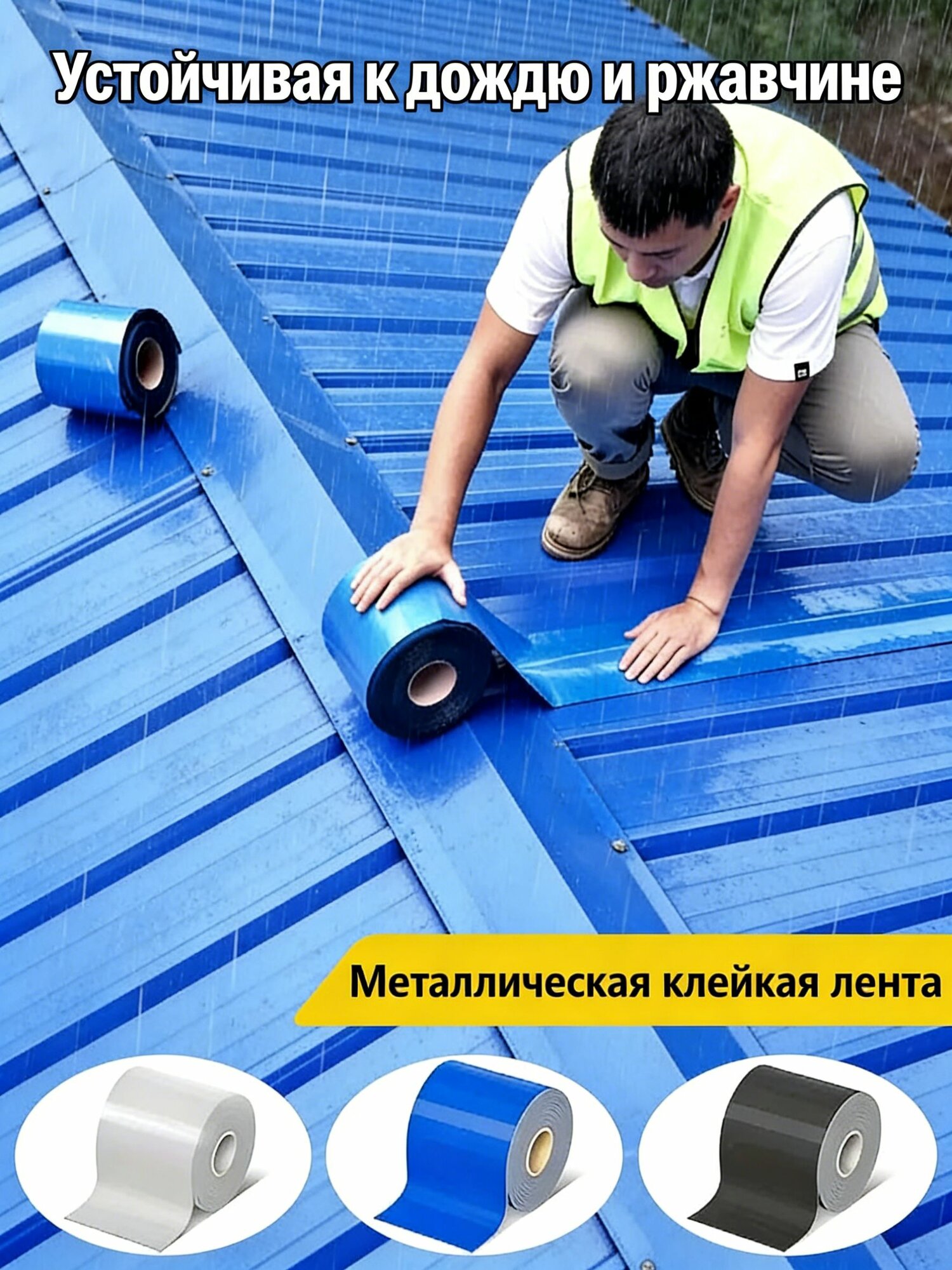 Лента для гидроизоляции и ремонта крыш из металлочерепицы, 1 шт, синий цвет, 10 см х 5 м, для герметизации швов и устранения протечек на кровле, гараже и хозяйственных постройках