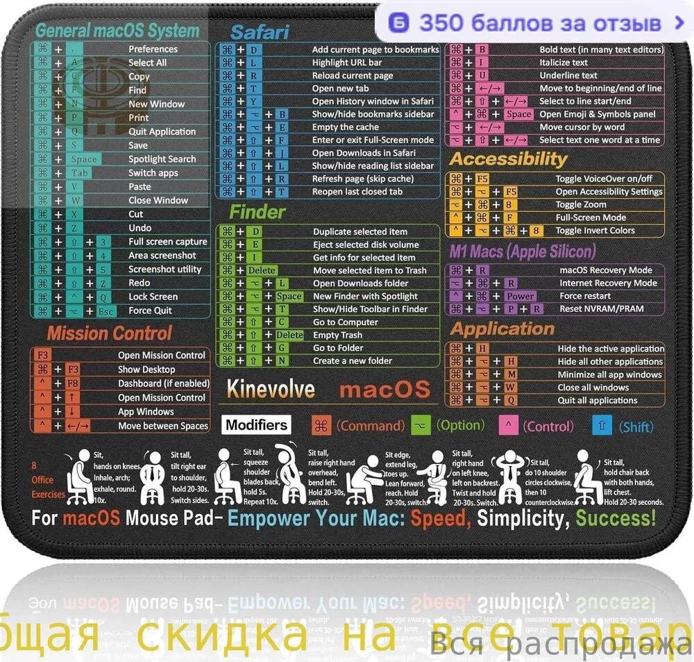 Коврик для мышки, черный, компактный размер 30×25 см, шпаргалка по Windows
