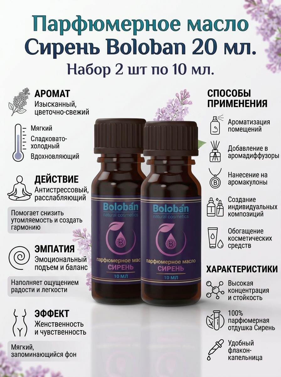 Парфюмерное масло Сирень Boloban 20 мл. (2 шт по 10 мл) нежный цветочный аромат, концентрированная парфюмерная отдушка
