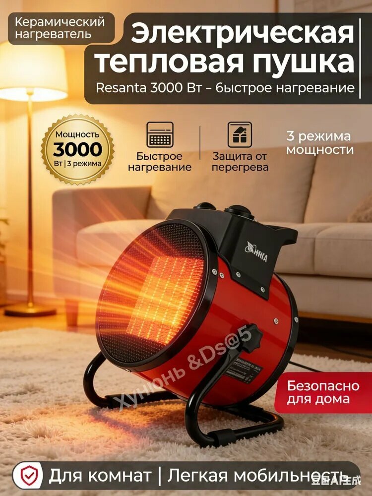 Тепловая пушка электрическая Ресанта ТЭПК-3K с керамическим нагревательным элементом. Обогреватель, тепловентилятор для дома