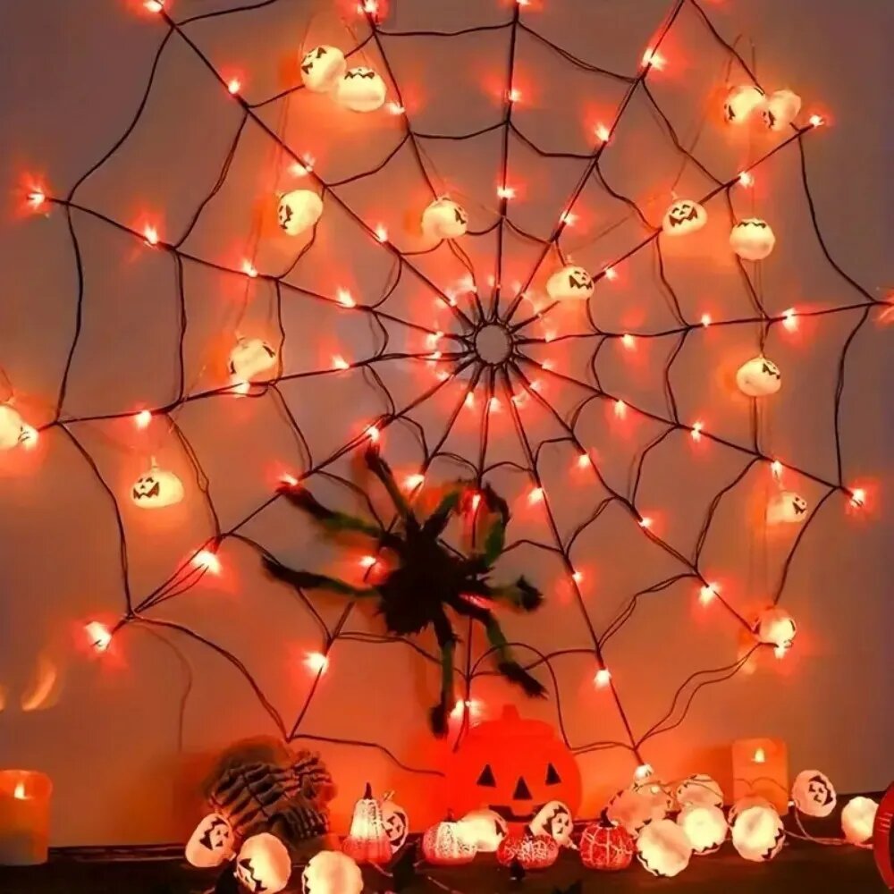 Светодиодная гирлянда паутина 70 LED, пультом, USB Orange