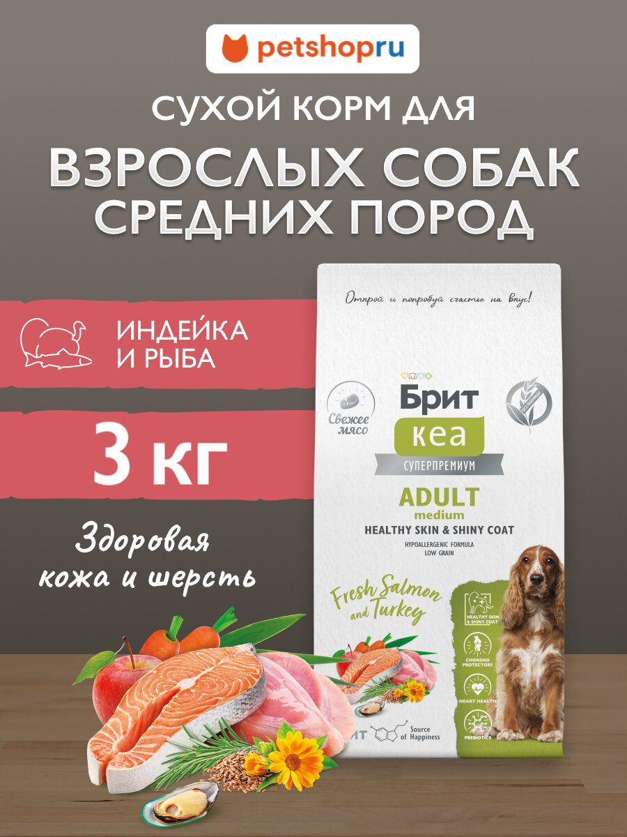 Сухой корм с лососем и индейкой для взрослых собак средних пород