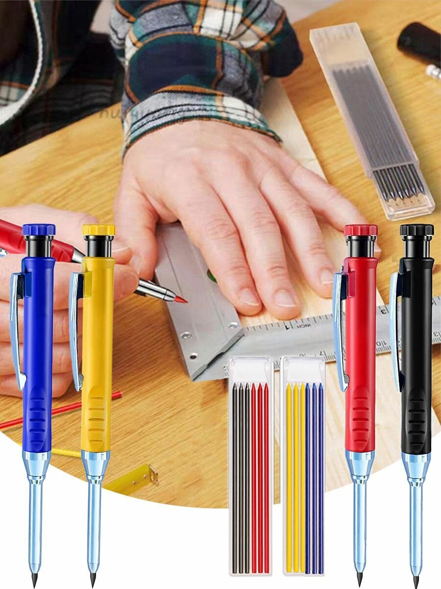Автоматический строительный карандаш/ карандаш строительный,12 сменных грифелей: 3ч + 3ж + 3к+3с.