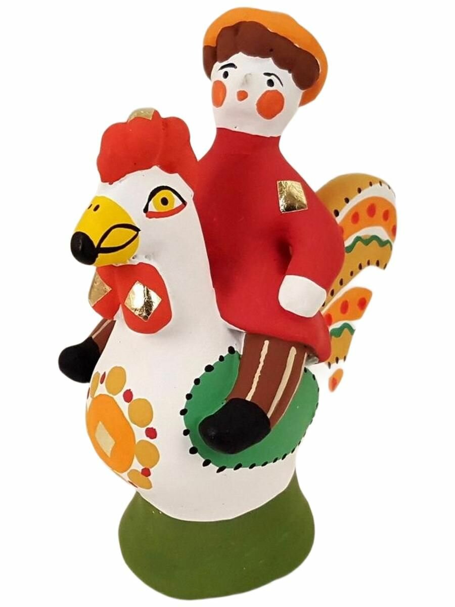 Композиция "Скоморох на петухе"-2, дымковская глиняная игрушка, ручная авторская работа