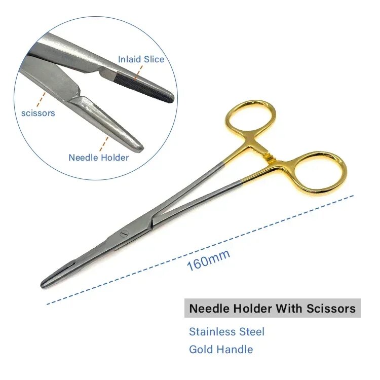 Иглодержатель с ножницами 16 см, Stainless Steel, Gold Handle