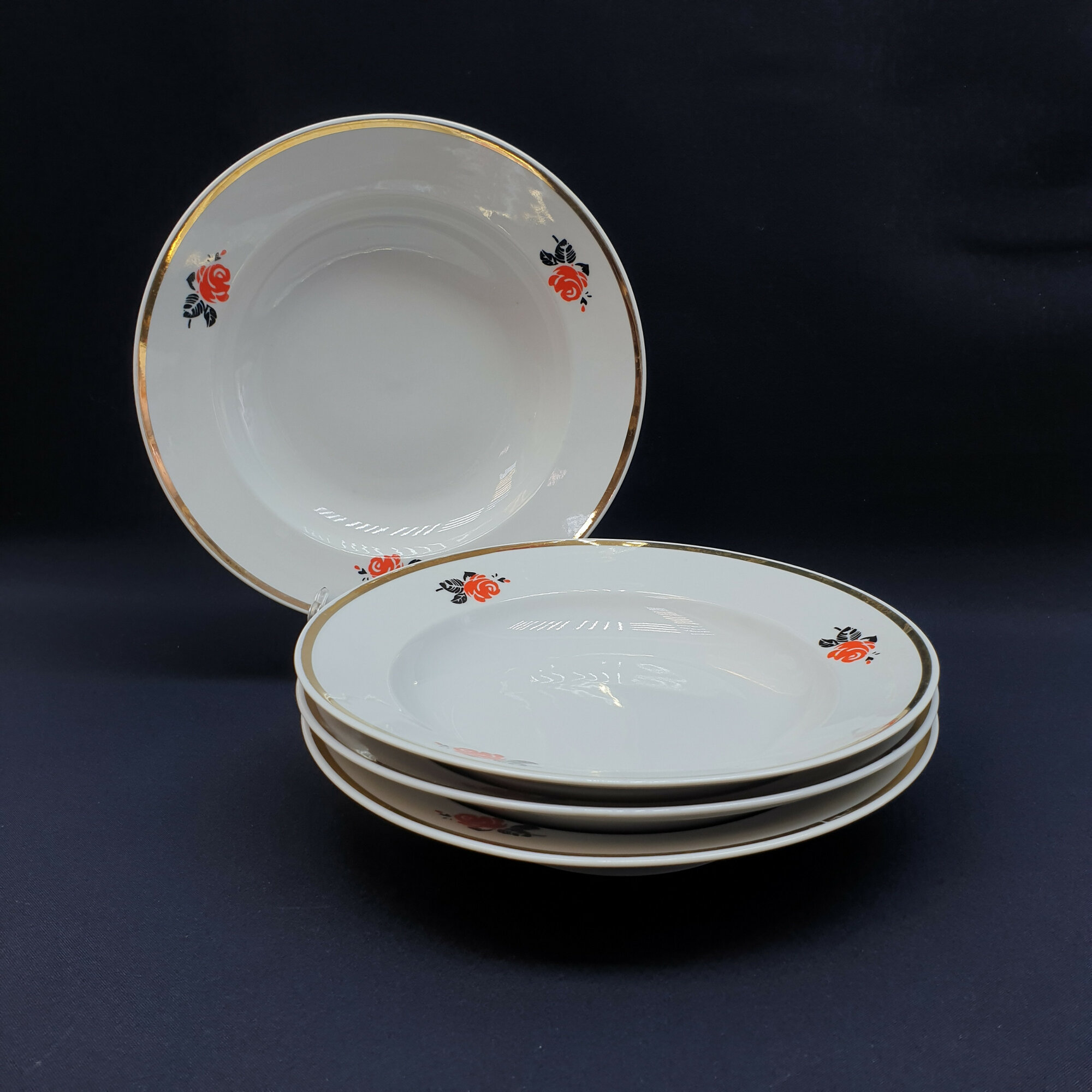 Набор из 4 суповых тарелок, Дулево, фарфор деколь 24 см, винтаж Россия