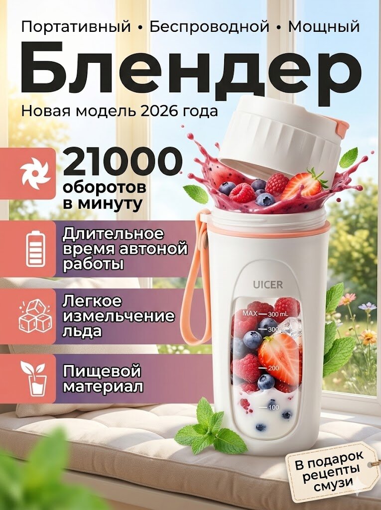 Портативный блендер беспроводной для смузи и коктейлей, 3 скорости с дисплеем, белый