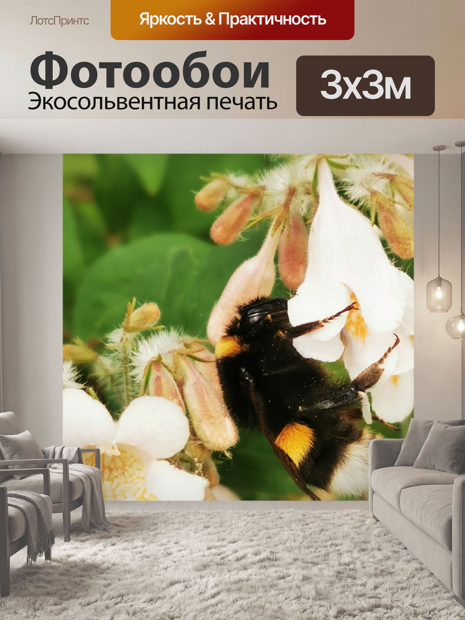 Фотообои "Пчела, шмель, насекомое" 300x300 см. экосольвентная печать