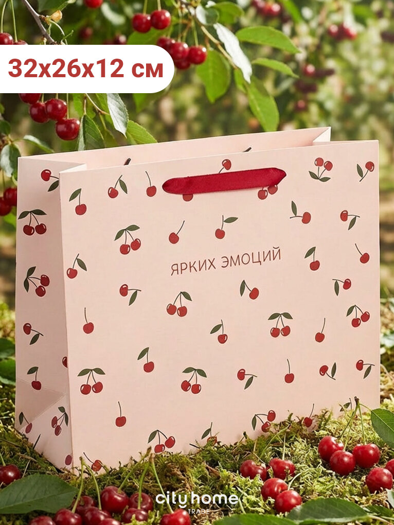 Пакет подарочный женский горизонтальный "Вишни" 32x26x12, 1 шт.