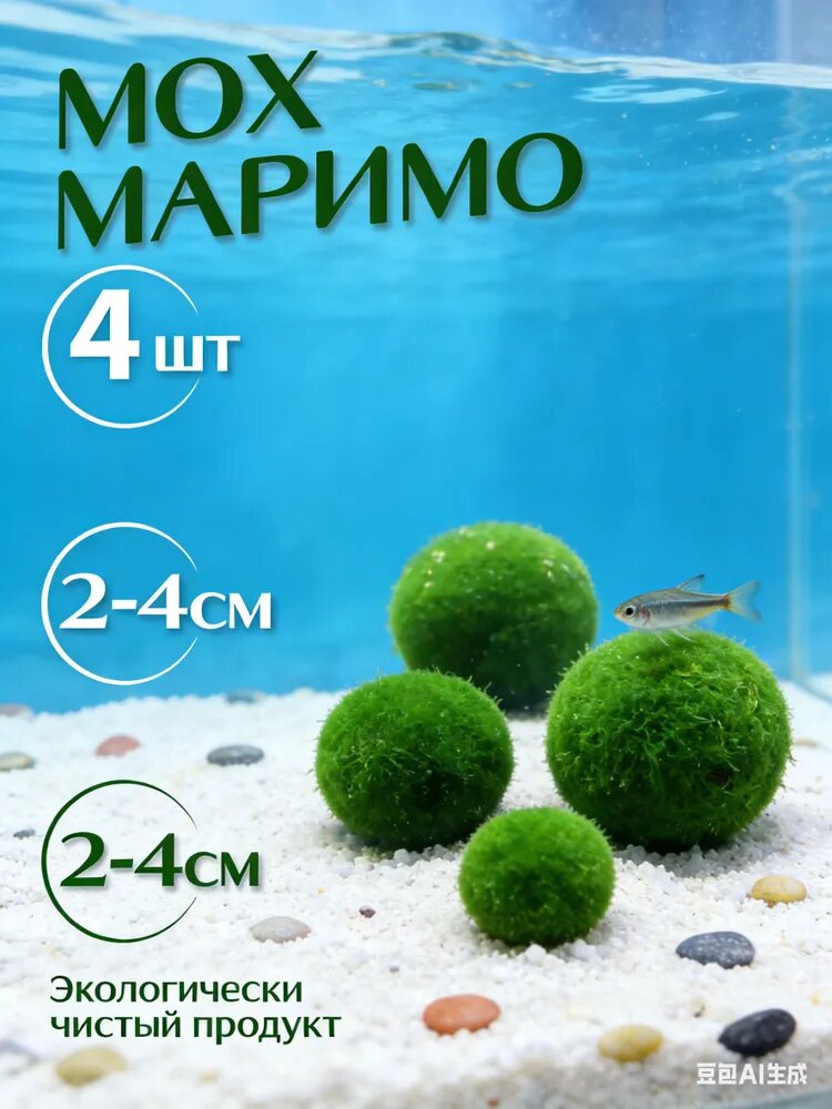 Эстетичные шарики мха Маримо 4 шт, подчеркивают дизайн аквариума и создают уютную атмосферу в доме