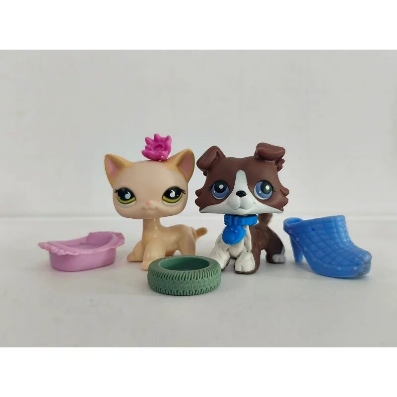 2 шт./лот, фигурки LPS: кошка, коричнево-белая собака # Игрушка-зоомагазин 733 W/Accessories Mini Pet Shop
