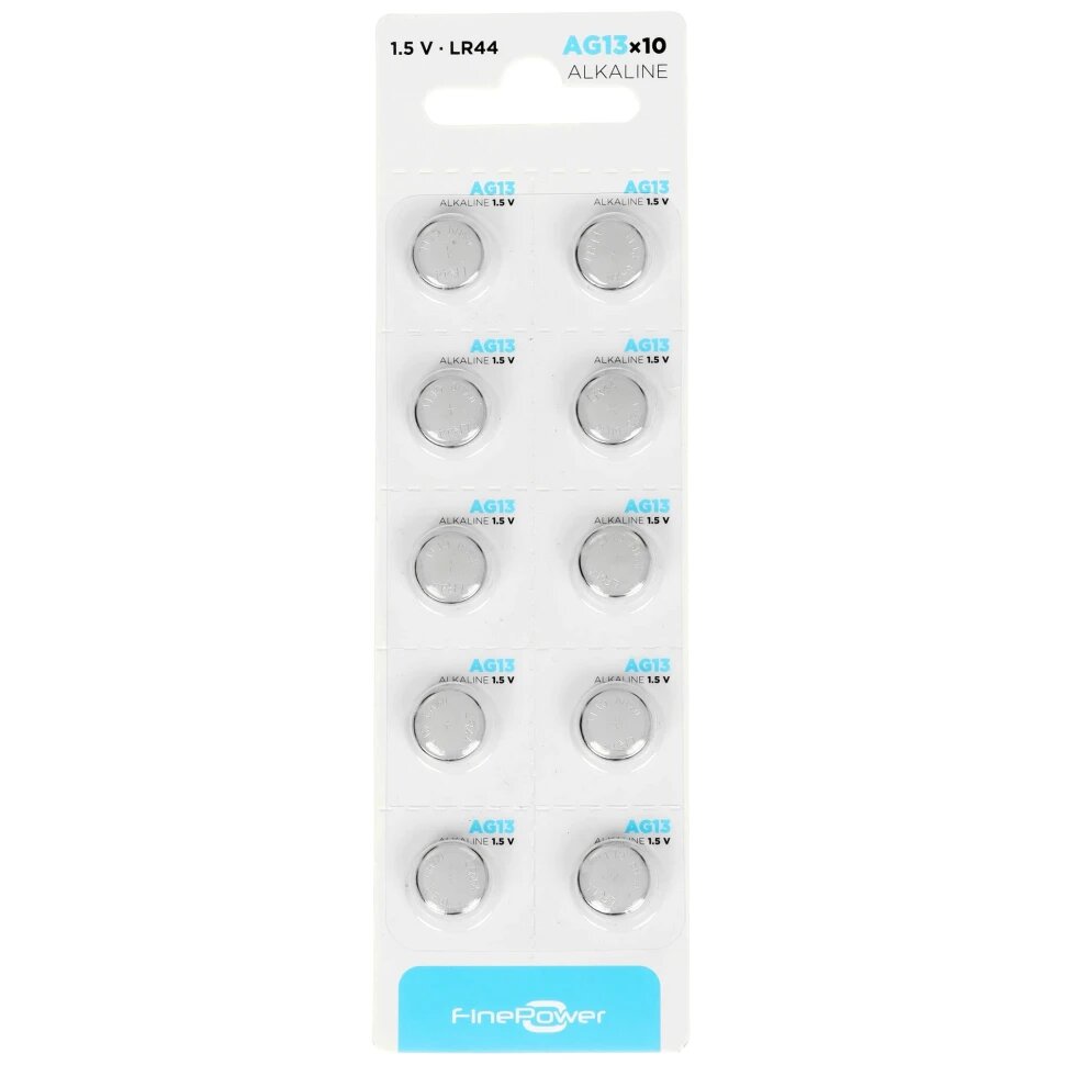 Батарейка FinePower LR44 (AG13/G13/LR1154/357A/A76), щелочная (LR), 10 шт, блистер